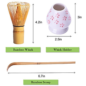 Amberr Matcha Whisk Set 3 pcs-Handmade Bamboo Whisk and Holder, Tea Scoop (Matcha Stirrer 100 Prong)- Traditional Japanese Matcha Kit, Ceramic Whisk Holder for Japanese Tea Ceremony
