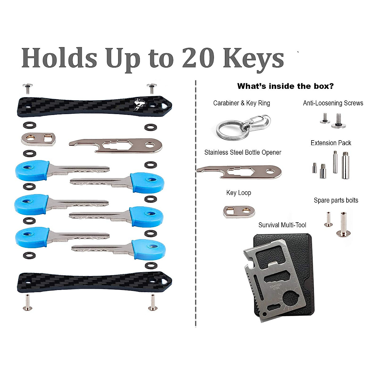 Carbon Fiber Compact Key Holder, Premium Smart Key Organizer Keychain (4-20 Keys), Heavy Duty Minimalist Multikey Folding Pocket Keyholder, Durable Locking Mechanism, Slick Slim Quiet Profile