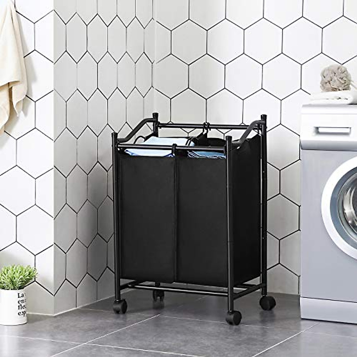 SONGMICS 2 Rolling Sorter, Laundry Basket on Wheels, Hamper with Removable Bags, Total Capacity 90L, Black LSF002BK, Polyester, 50,5 x 41 x 79,9 cm (L x B x H)