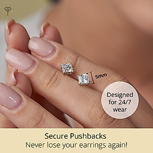 MAX + STONE 14k White Gold Princess Cut CZ Stud Earrings for Women & Men | Cubic Zirconia Earrings Studs with Gold Earring Backs | Square Earrings for Men | 1.5 Carats total |