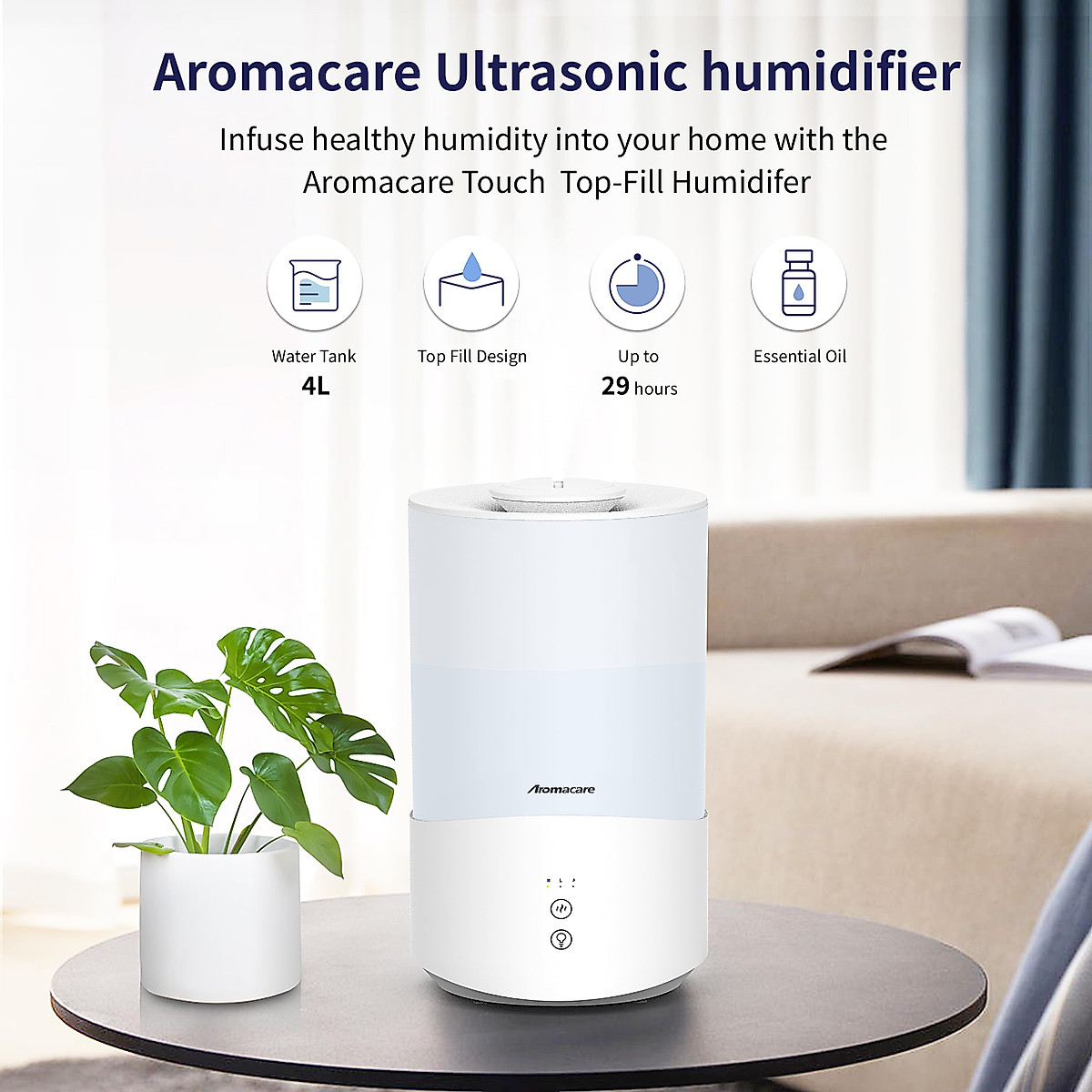 Aromacare Humidifiers for Bedroom, 4L Cool Mist Large Humidifier with Essential Oil Diffuser, Ultrasonic Top Fill Humidifier for Baby Home, Sleep Mode, Adjustable Mist Output, Auto Shut-Off