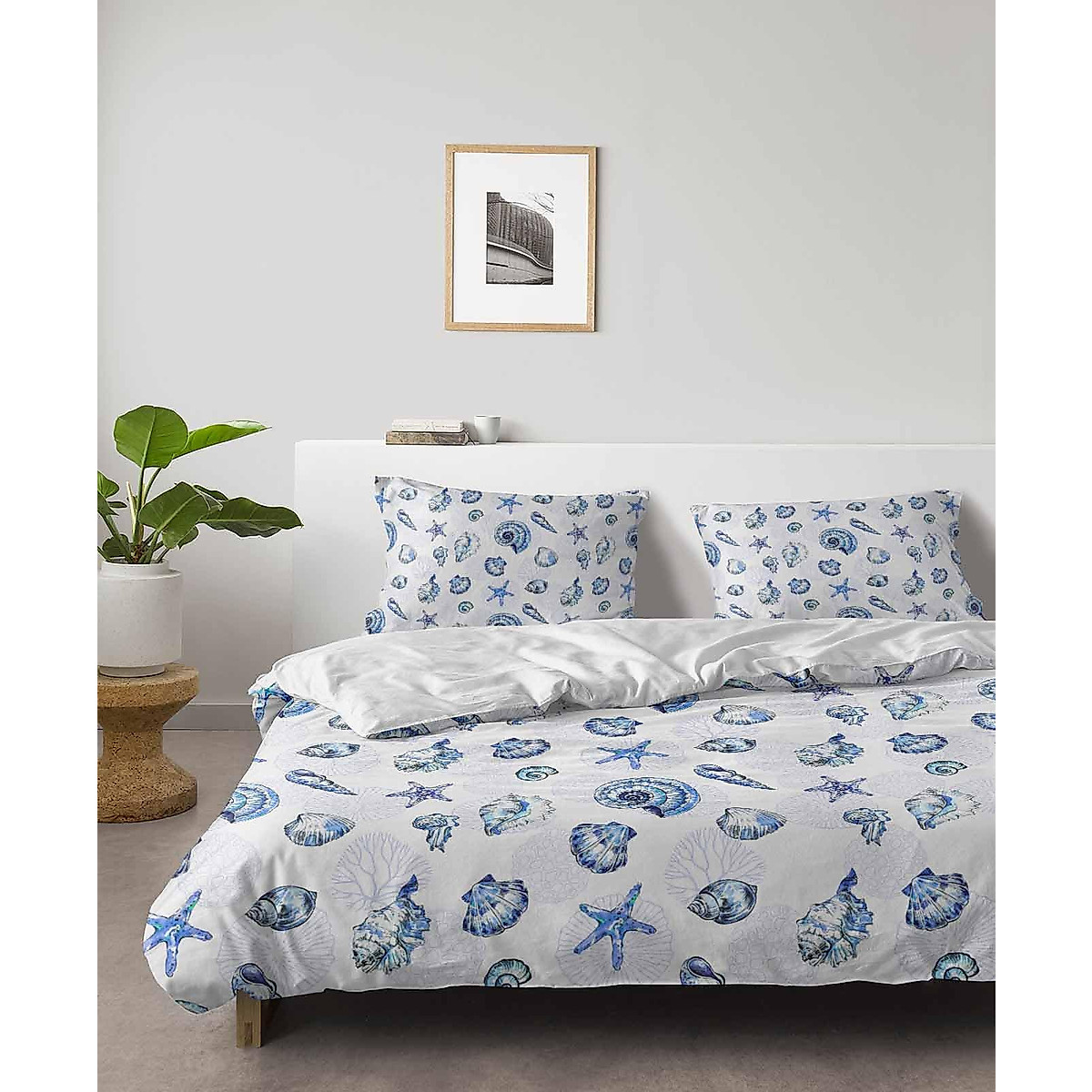 Cal KingDuvet Covers Set Coastal Beach Starfish Shells Seamless 4 Pcs Bedding Sets Brushed Microfiber Quilt Covers Lightweight Cozy Flat Sheet with 2 Pillowcases Nautical Conch Blue Gradient