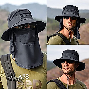 Men's Wide Brim Sun Fishing Hat Outdoor UPF 50+ Sun Protection with Removable Face and Neck Flap Dark Grey