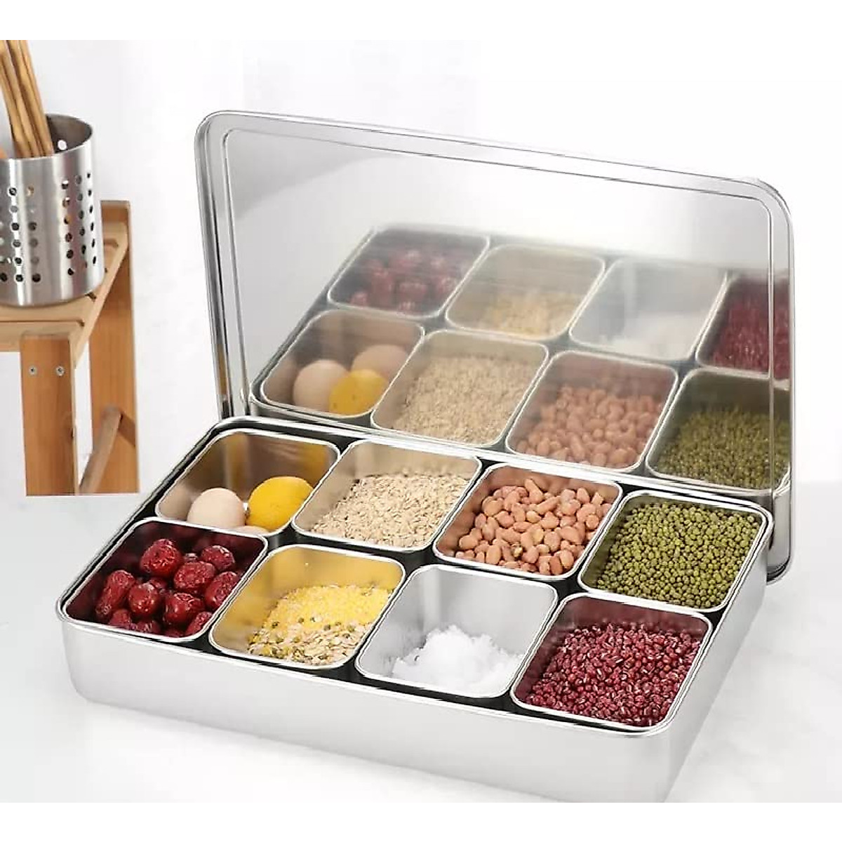Xarra - Japanese Mini Container, Stainless Steel Yakumi Mise En Place Box, Multi Compartment Set For Food, Herbs, Seasoning and Spices (8 Compartment)