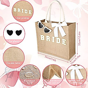 Cunno 3 Pcs Bride Tote Bag Jute Bridesmaid Gift Bag Heart Shaped Sunglasses Ribbon Set for Bachelorette Wedding Gift (Bride)