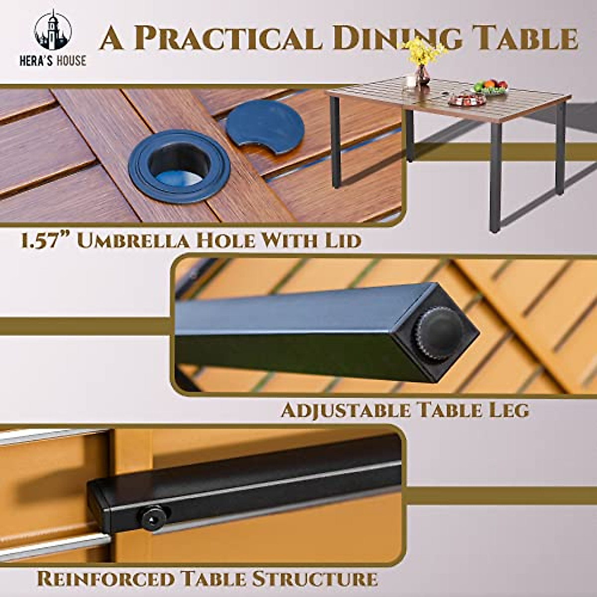 HERA'S HOUSE 7 Pieces Patio Dining Set, Outdoor Table and Chairs Set for 6, 60" Wood Look Table and 6 x Metal Patio Chairs for Backyard Lawn Garden Deck