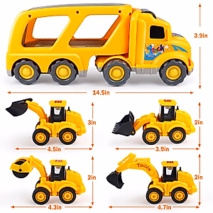 aotipol Construction Toy Trucks for 3-6 Year Old Boys & Girls, 5 in 1 Toy Cars with Light and Sound, Friction Power Play Vehicles, Gift Toys for Kids and Toddlers Ages 3-6
