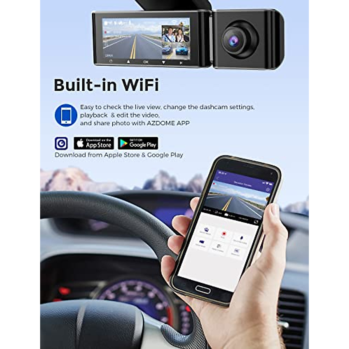 AZDOME M550 Dash Cam 3 Channel, Built in WiFi GPS, With 64GB Card, Front Inside Rear 1440P+1080P+1080P Car Dashboard Camera Recorder, 4K+1080P Dual, 3.19" IPS, IR Night Vision, Capacitor, Parking Mode