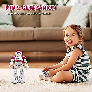 FLYWIND RC Robot Toys for Kids, Programmable Smart Remote Control Robot Toy Intellectual Control Robot Rechargeable, Walking Dancing Robot Gesture Sensing Robot Birthday Gift for Boys Girls （Pink）