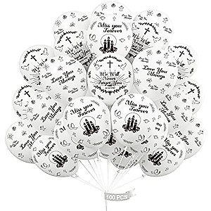 100Pcs Memorial Balloons, White Remembrance Funeral Celebration Latex Balloons, Miss You Forever Love You Always We Will Never Forget You Balloons for Funeral Memorial Services Supplies