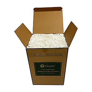 Kingseal Disposable PAPER Drinking Straws, FSC Certified, Paper Wrapped, WHITE, 7.75 Inch Length x 6mm Diameter, Jumbo" Size, Biodegradable, Earth Friendly, Bulk Pack - 400 Count Box