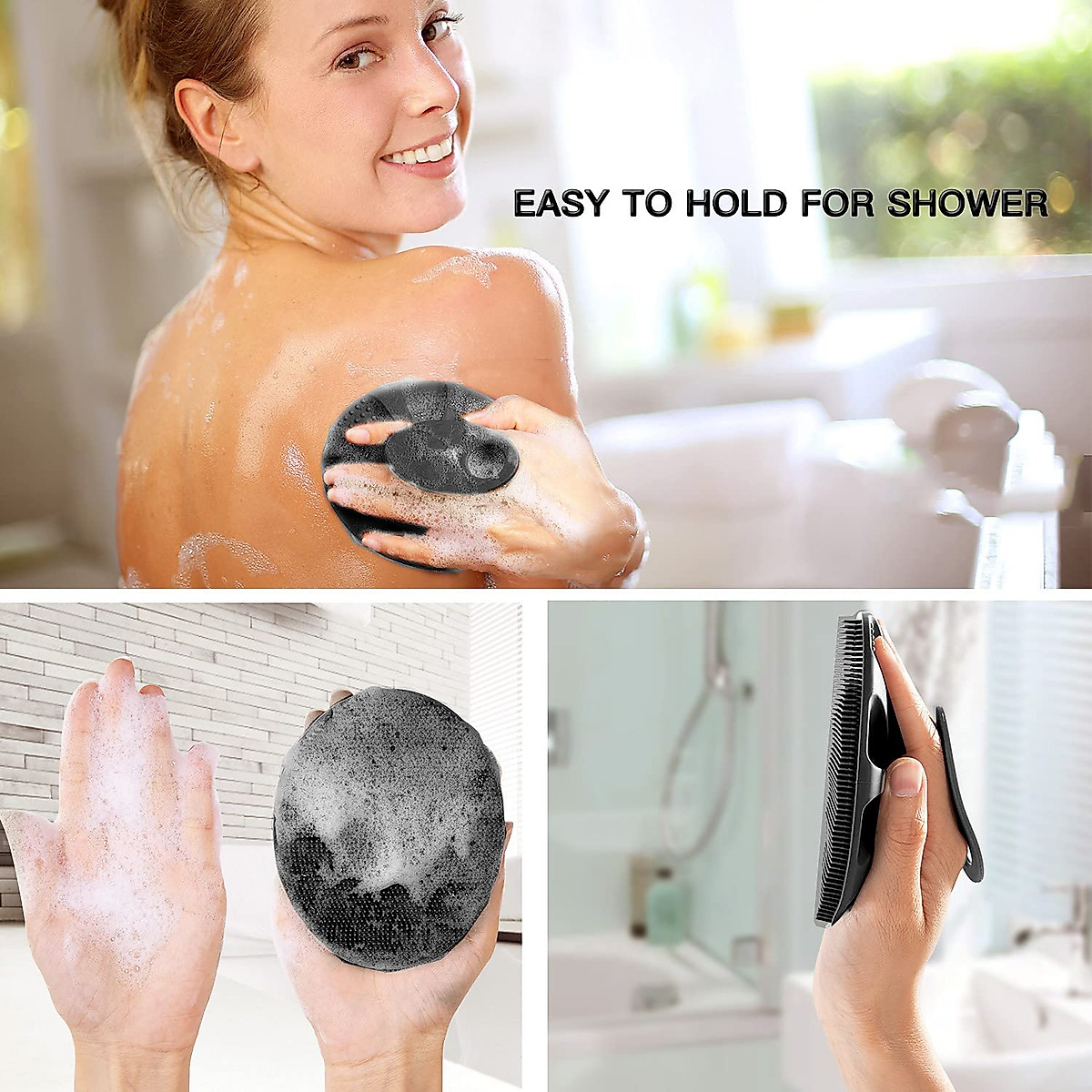 INNERNEED Soft Silicone Body Scrubber Handheld Shower Cleansing Brush, Gentle Exfoliating and Massage for all Kinds of Skin (Black)