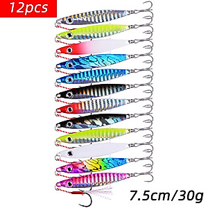 Aorace 12pcs 30g 7.5cm Metal Jigs Saltwater Fishing Lures Jigging Spoon Lures Kit for Long Casting Surf Fishing Slow Vertical Casting Artificial Lead Jigs Assortment for Bass Sea Trout