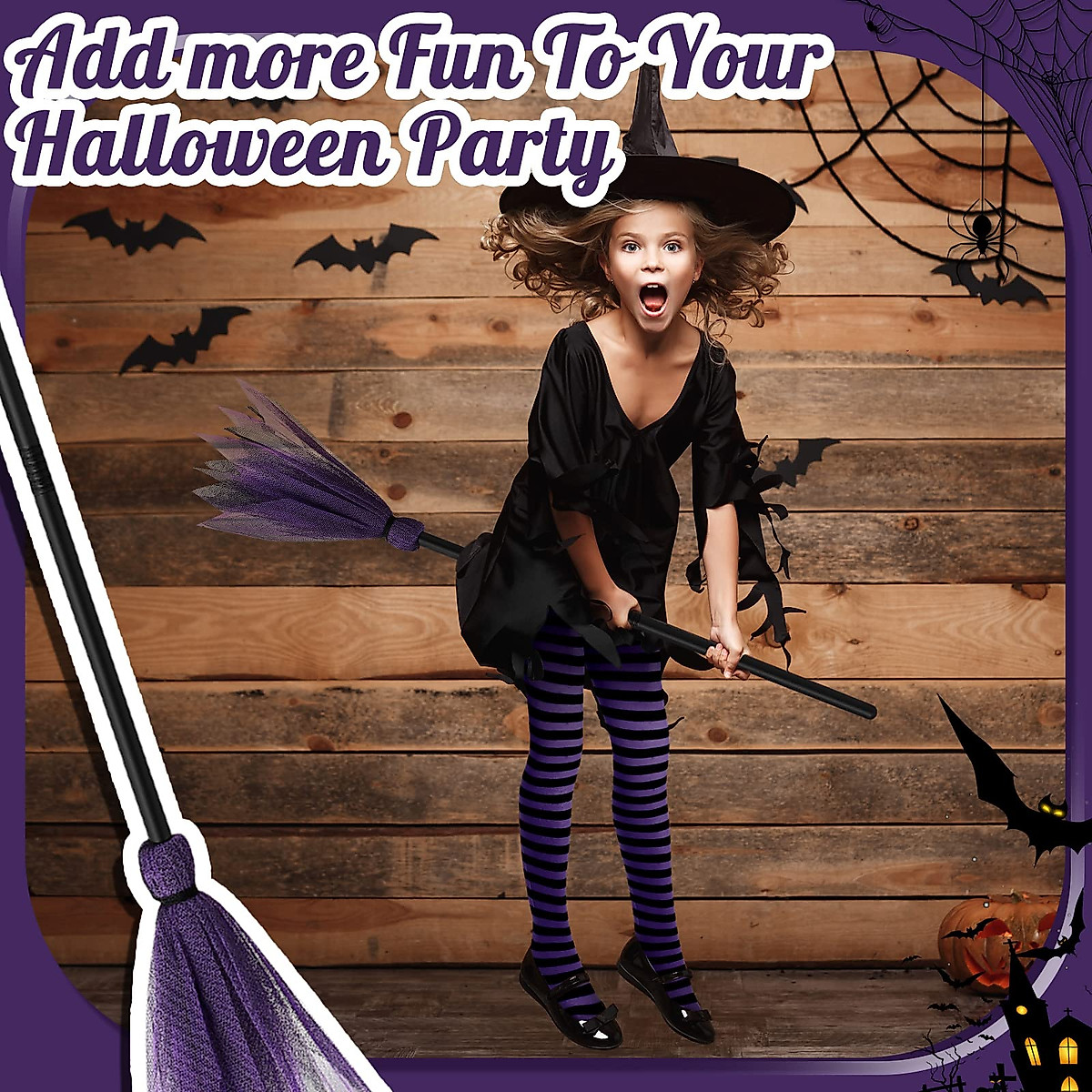 Vicenpal 3 Pcs Halloween Witch Accessories Black Witch Shoe Covers Socks Broomstick Witch Broom for Halloween Cosplay Costume (Purple)