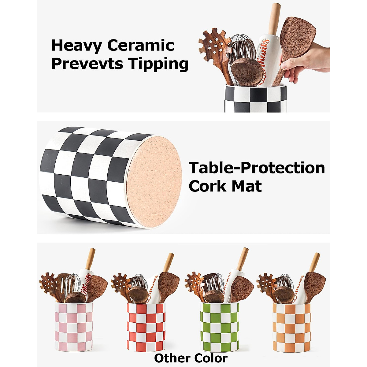 Swkien Utensil Holder，7.2 Inch Checkered Utensil Holder, Ceramic Cooking Utensil Spoon/Spatula Holder for Countertop, Kitchen Decor and Accessories for counte(Black)