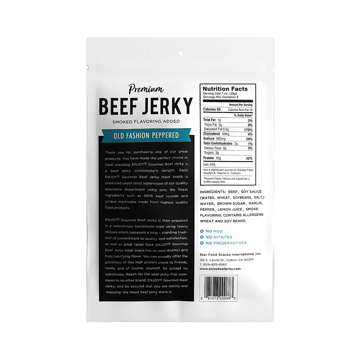 Enjoy Beef Jerky Old Fashion Peppered | 8 oz (Pack of 1) | Traditional Style | USA Made | High Protein | Low Fat | Zero Trans Fat | No Preservatives | No MSG | No Nitrites | Resealable Bag