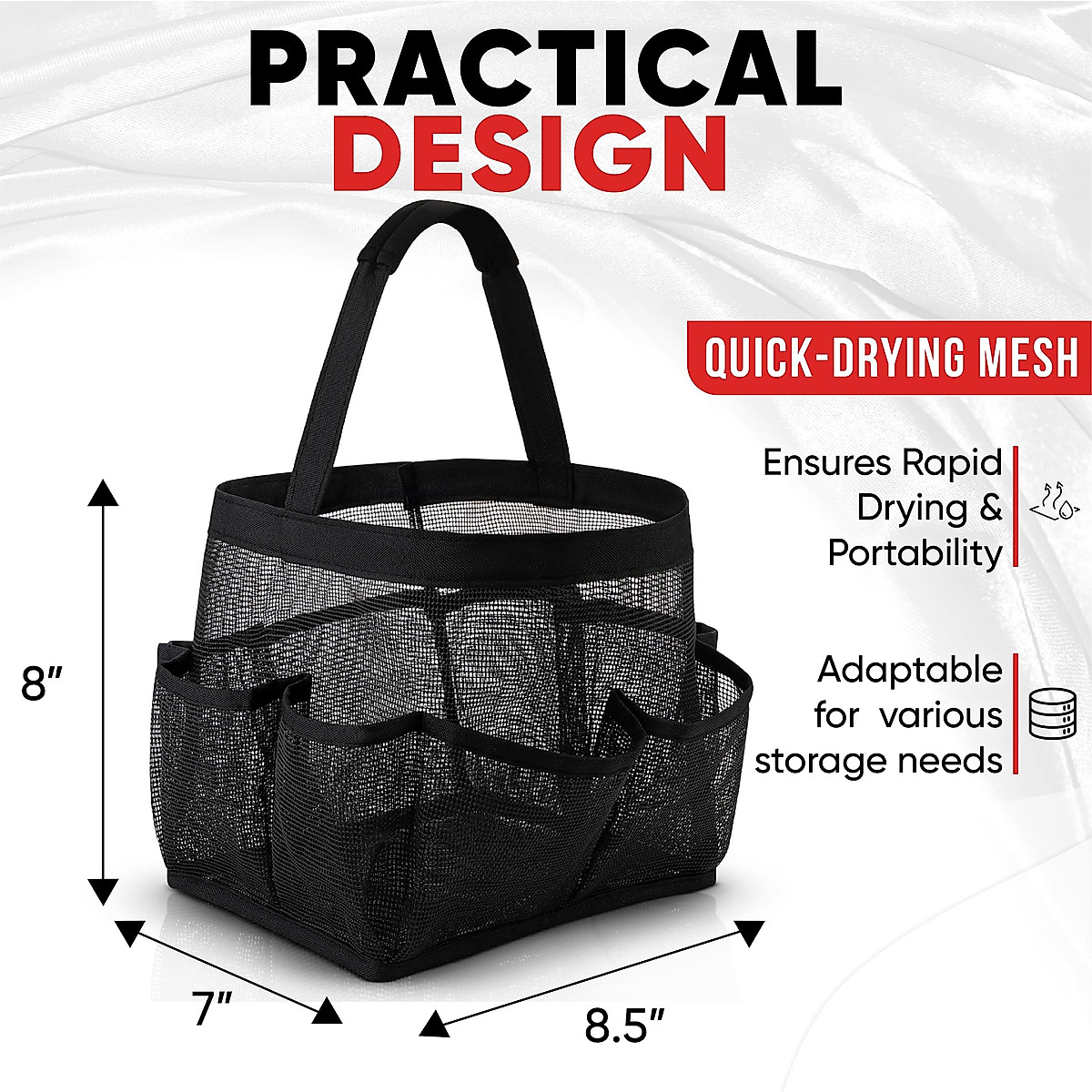 Masirs Mesh Shower Caddy Bag - (9 Pocket) Large Collapsible, Portable Bathroom Organizer for Travel, Gym, & Dorm - Easily Carry & Organize Bathroom Toiletry Essential (Black)