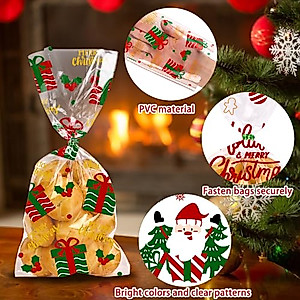 YUJUN 160 PCS Christmas Cellophane Treat Bags,Santa Claus Goodie Candy Xmas Clear Cello Bags Twist Ties for Winter Christmas Theme Party Favor Supplies(8 Styles)