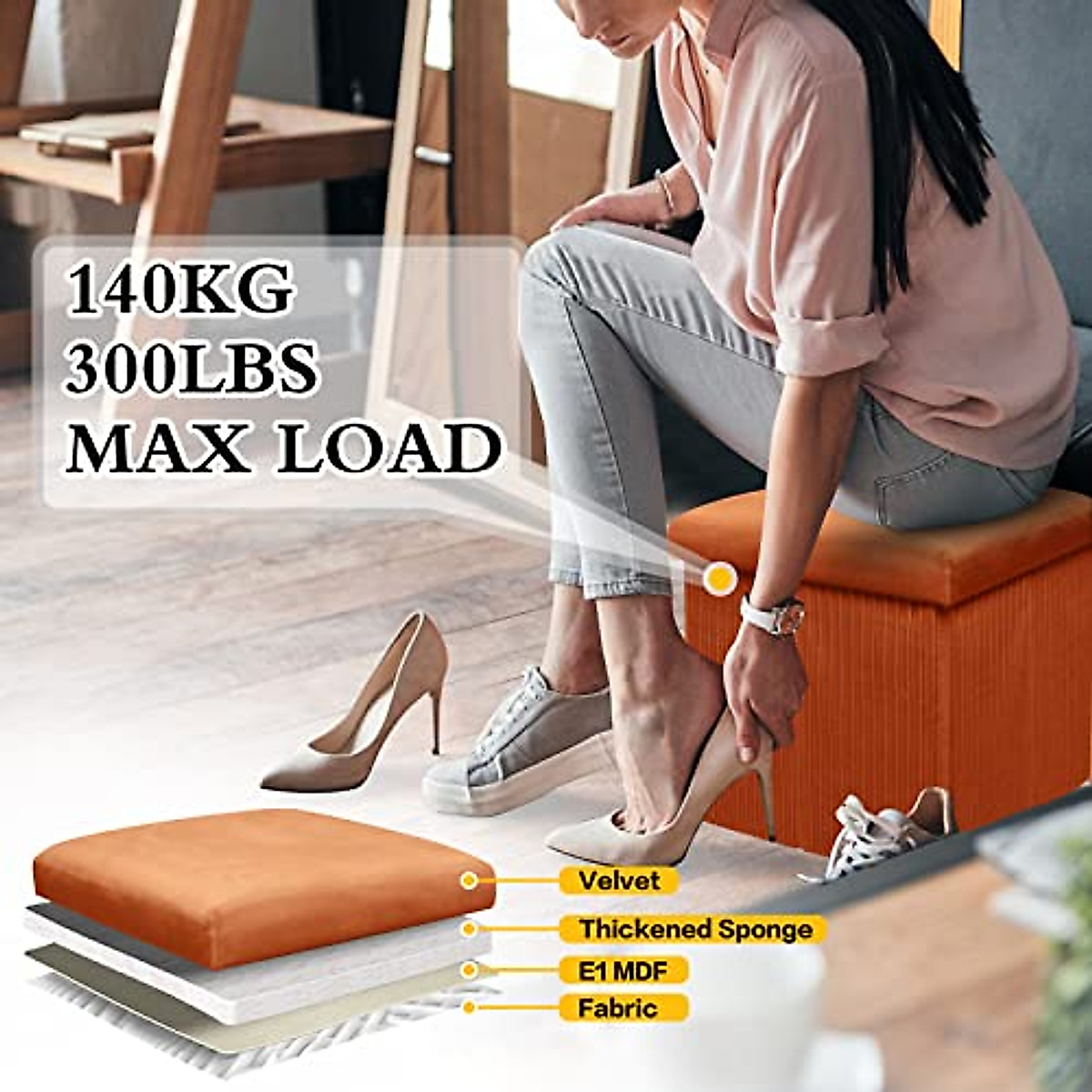 ACEHOME Storage Ottoman Cube, Small Ottoman with Storage, 12 Inch Velvet Tufted Folding Square Storage Ottoman, Small Footstool Rest Padded Seat, Orange