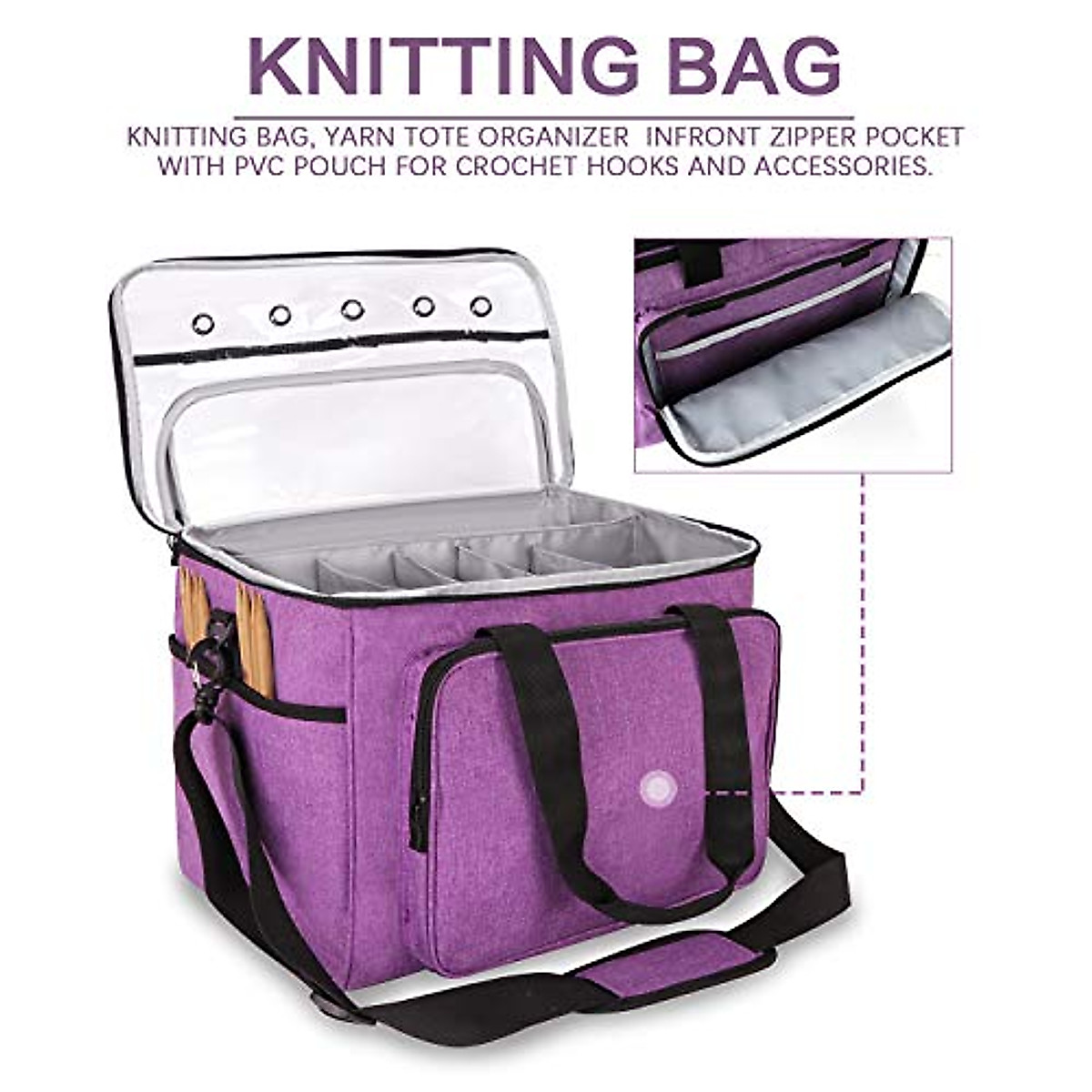 Knitting Bag, Yarn Tote Storage Organizer with Separate Crochet Hooks & Knitting Needles Bag,Slits on Top to Protect Wool and Prevent Tangling Large Purple