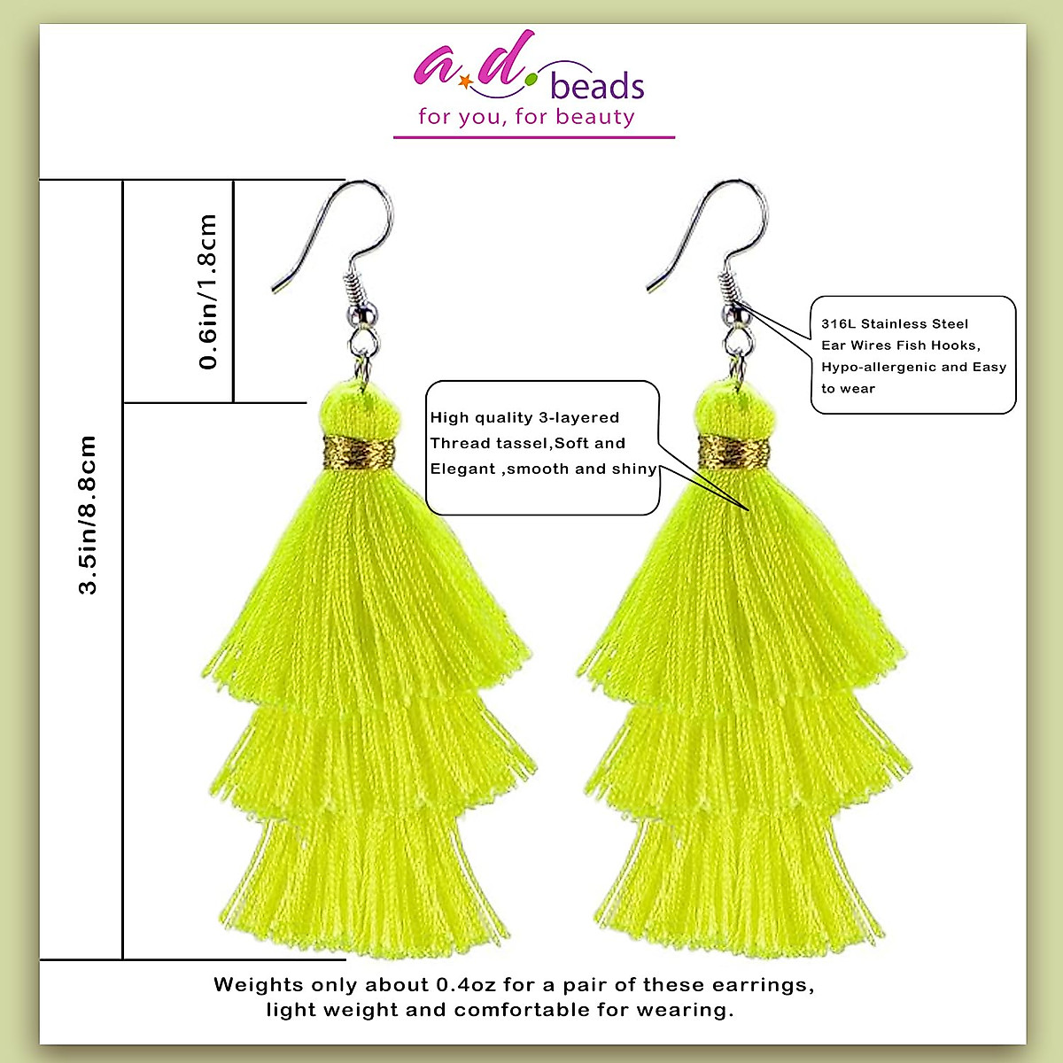 AD Beads Fashion Copper Dangle Tassel 3 Layers Fan Fringe Earrings, Lime Yellow, 3.15 in