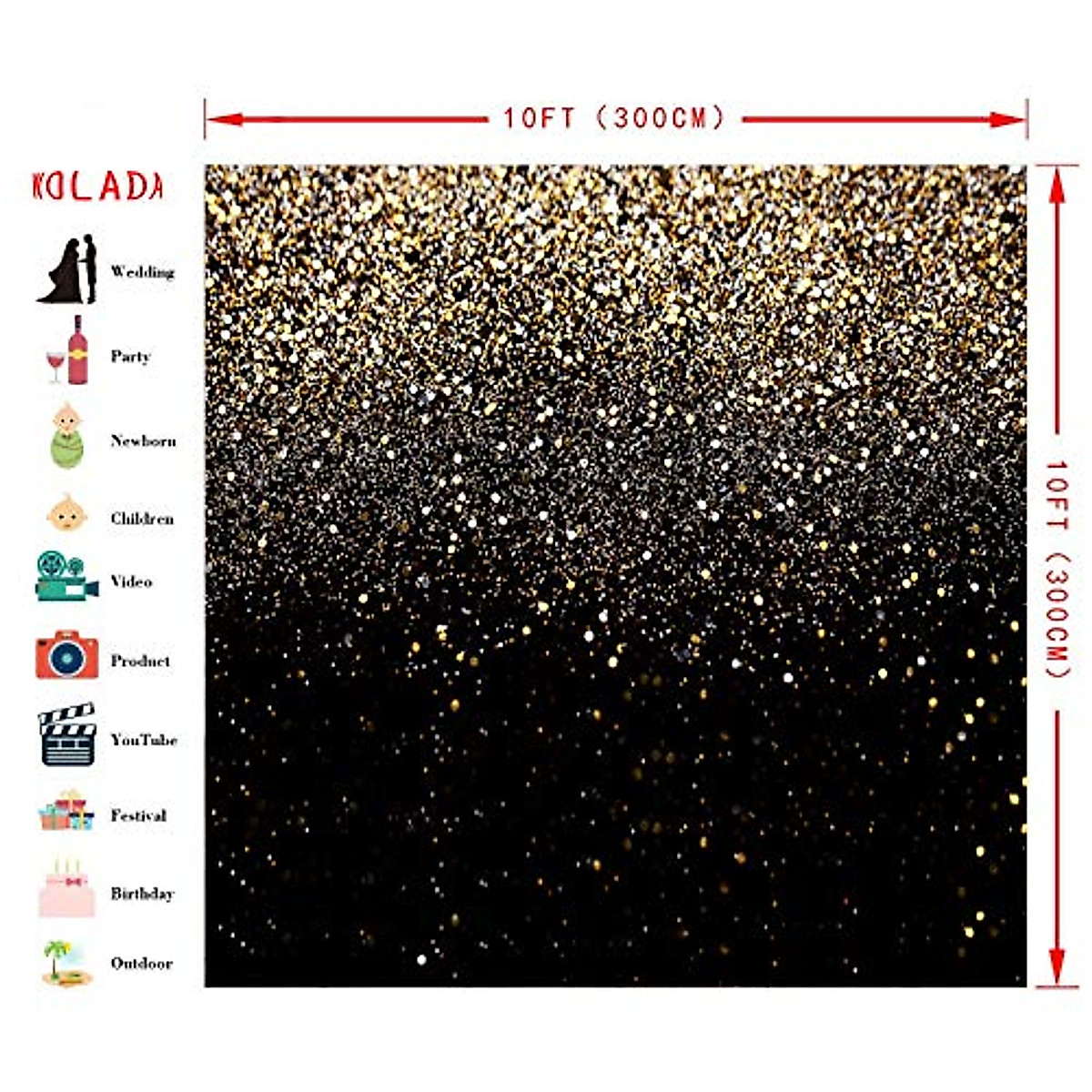 WOLADA 10x10FT Gold Backdrop Glitter Backdrop Gold Spots Bokeh Backdrop Black and Gold Backdrop Wedding Backdrop Gold Backdrop for Parties Vinyl Photography Backdrop 11176
