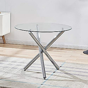 STYLIFING 5 Pieces Dining Room Table Set for 4 Round Clear Tempered Glass Top+4 Grey Faux Leather Kitchen Dining Room Table and Chairs Set for 4 Person Modern Kitchen & Dining Room Sets for Home