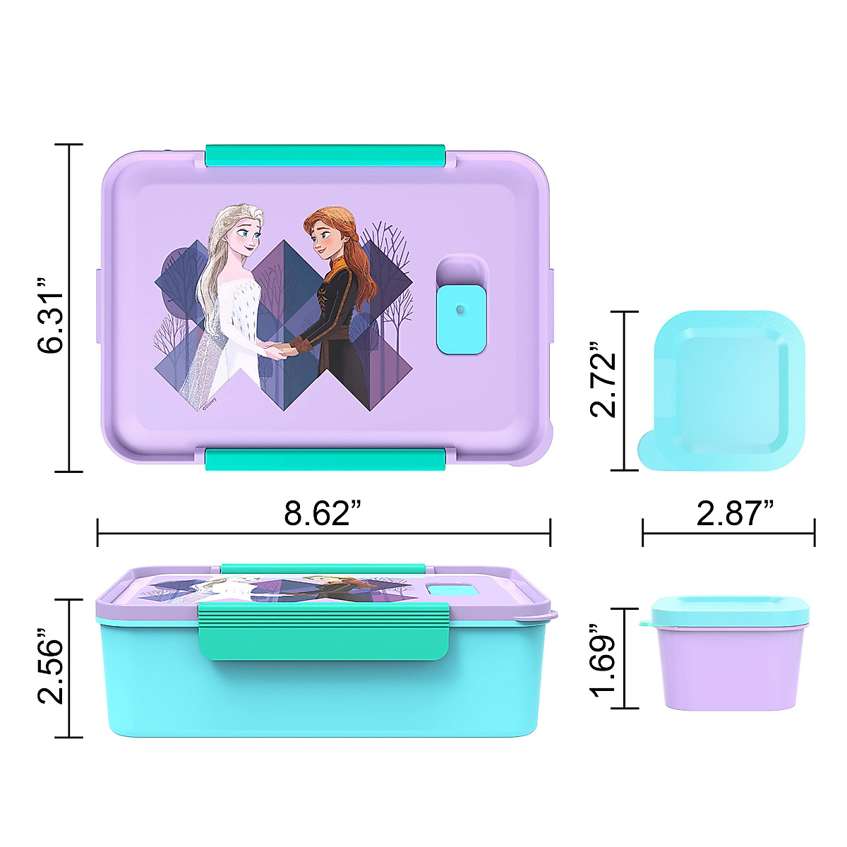 Zak Designs Disney Frozen 2 Reusable Plastic Bento Box with Leak-Proof Seal, Carrying Handle, Microwave Steam Vent, and Individual Containers for Kids' Packed Lunch (3 PCs Set, Anna & Elsa)