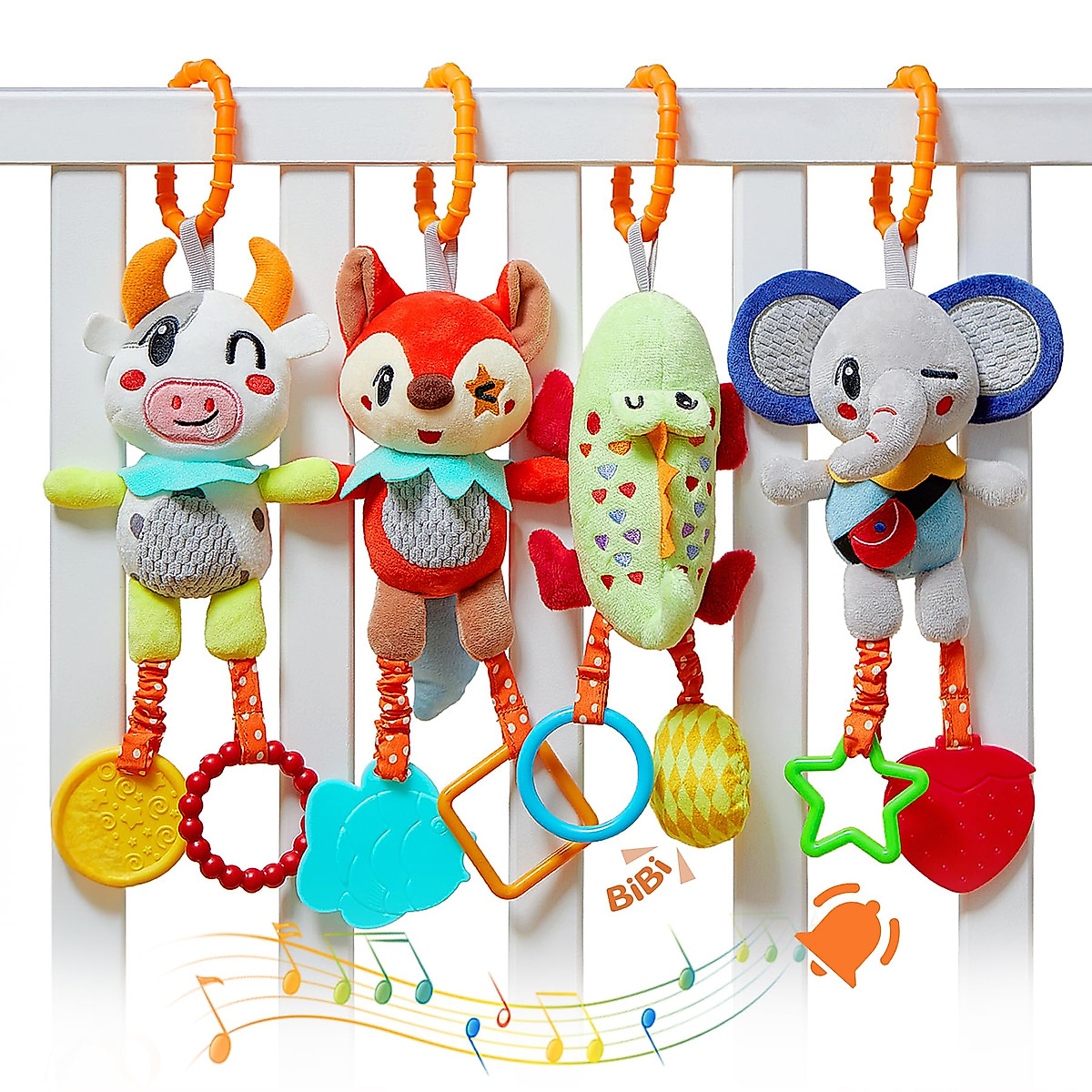 TUMAMA 4 Pack Baby Toys for 0 3 6 9 12 Months, Hanging Crib Toys for Newborn Infant Development, Car Seat Stroller Soft Plush Rattles Toy for Babies