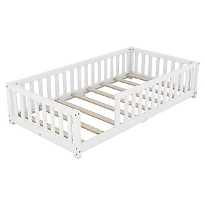 Bellemave Twin Size Floor Bed for Kids, Wood Montessori Bed with Slats, Safety Fence & Door, Playhouse Floor Bed Frame with Rails for Girls Boys Children Teens, White