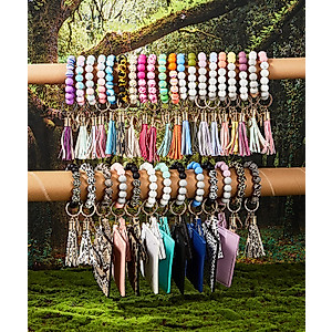 FindFun Women Silicone Beads Key Ring Chain Wristlet Keychain Bracelet Leather Tassel Bangle（Blue）