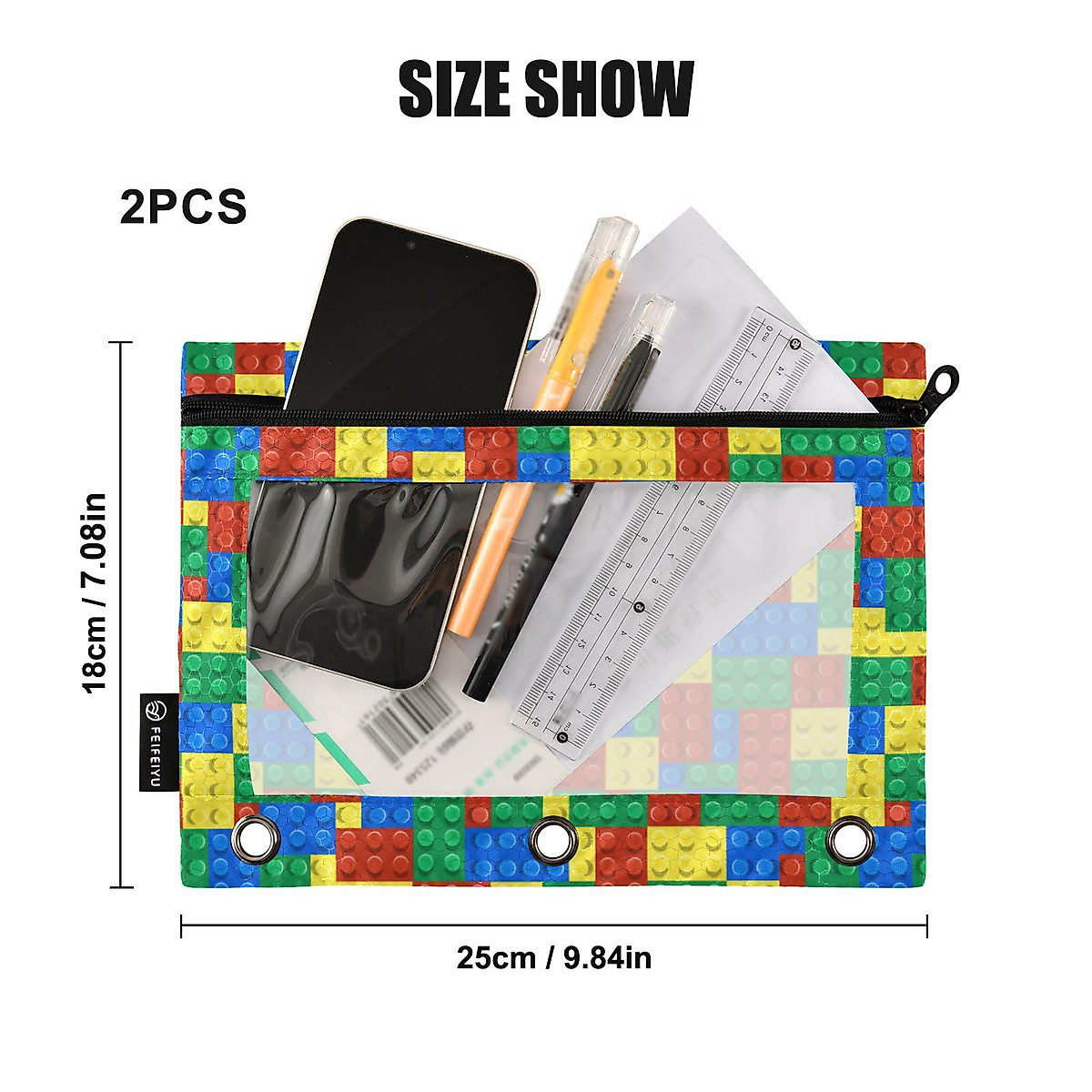 Gredecor Binder Pencil Pouch 3 Ring Plastic Building Blocks Zipper Pencil Pouches Case 2 Pack Clear Binder Organizer for School Office