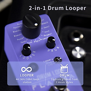 FLAMMA FC01 Looper Pedal Drum Machine 2 in 1 Drum Looper Guitar Pedals, 20 Minutes Loop Time with 16 Drum Grooves, Tap Tempo, 44.1kHz/16Bit Mini Guitar Effects Pedal with 3 Mode