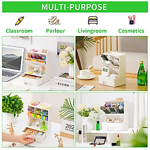 Marbrasse Desk Organizer with Drawer, Pen Organizer for Desk, Multi-Functional Pencil Holder, Desktop Stationary Organizer, Storage for School Home Office Art Supplies (White Pen Holder with Drawer)