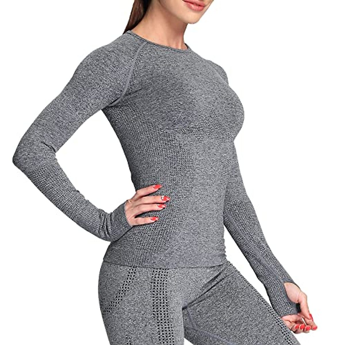 Aoxjox Workout Long Sleeve Shirts for Women Fall Workout Shirts Gym Yoga Running Seamless Tee T-Shirt Tops(Charcoal Grey Marl, Medium)