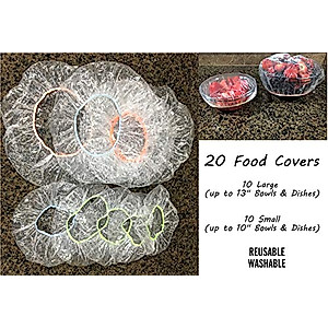 ALAZCO Pack of 20 Reusable Elastic Bowl Covers Clear Plastic 10 Large (up to 13") & 10 Small (up to 10") Bowl/Plate Dish Food Storage Picnic Leftovers