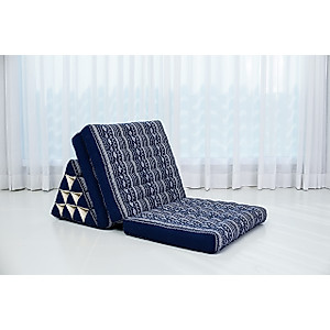 Leewadee - Comfortable Japanese Floor Mattress - Thai Floor Bed with Triangle Cushion - Futon Mattress - Thai Massage Mat, 67 x 21 inches, Blue White, Kapok Filling