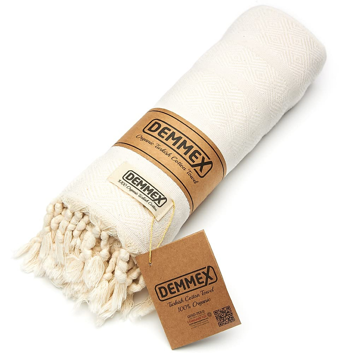 DEMMEX Oversized Turkish Bath Towel - 100% Organic Cotton, Ultra Soft, Quick-Drying, Lightweight Peshtemal, Prewashed, Diamond Weave, Oeko-TEX Certified, 71x36, Luxury Bathroom and Spa Towel, White