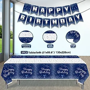 Navy Blue and Silver Birthday Supplies, Blue Birthday Party Decorations for Men, Women, Includes Happy Birthday Banner, Tablecloth, Plates, Napkins, Cups and Straws, Serves 20 Guest