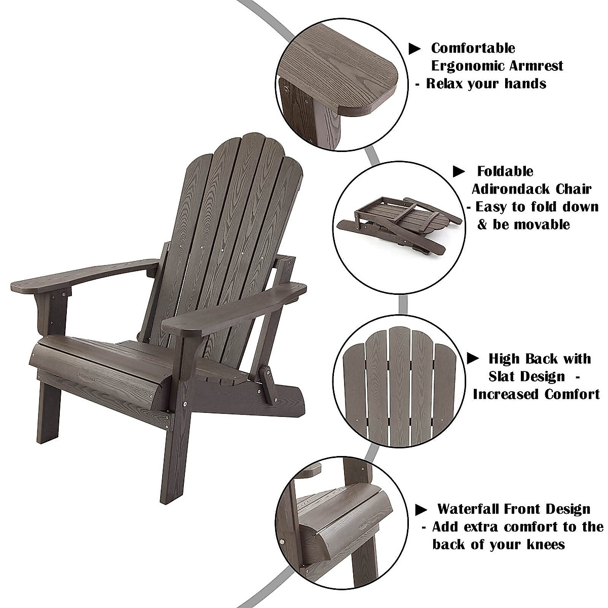 Folding Adirondack Chairs Set of 2, Outdoor Patio Weather Resistant Chair, Imitation Wood Stripes, Easy to Fold Move & Maintain, Plastic Chair for Backyard Deck, Garden Lawn Porch - Dark Brown