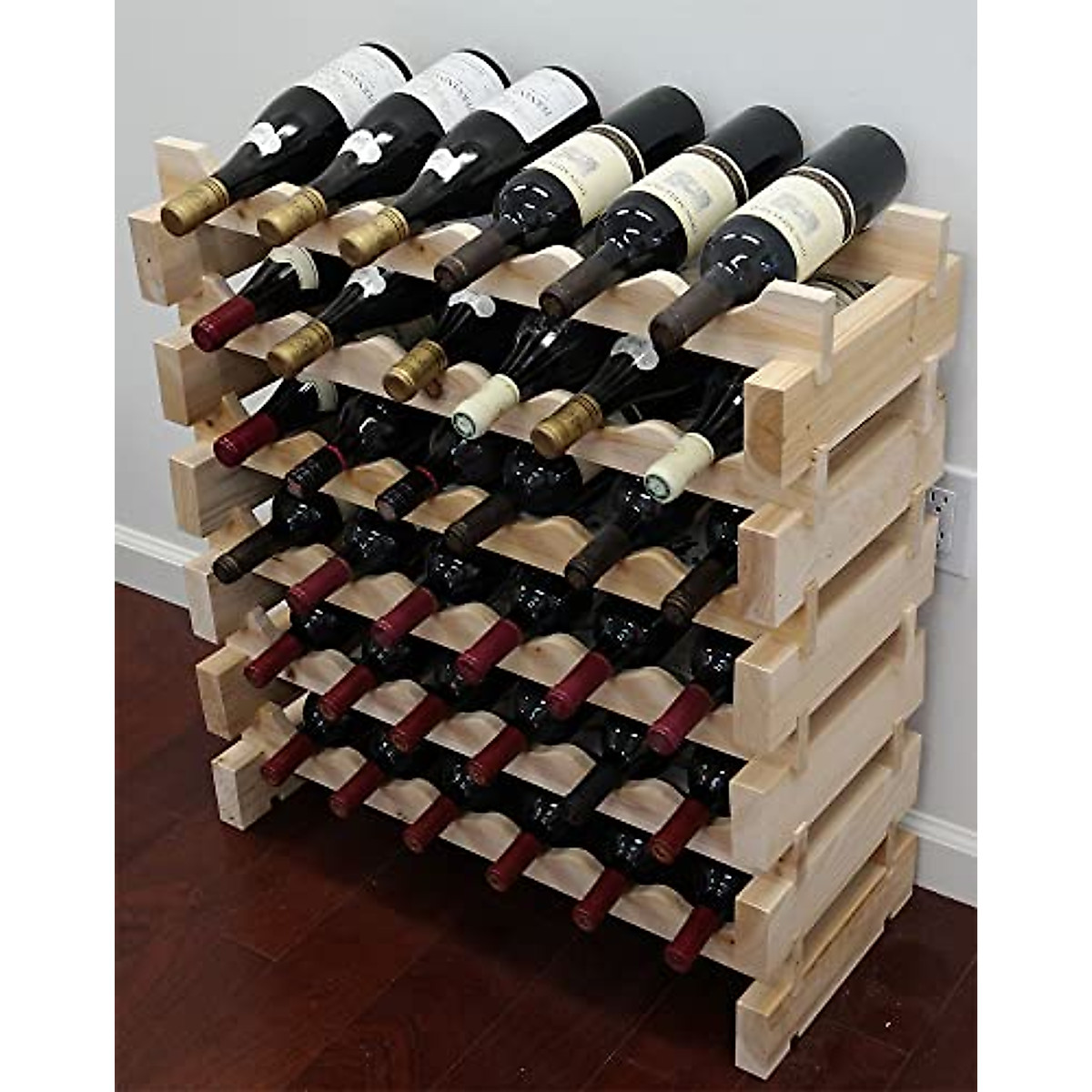 DisplayGifts Modular Stackable Wine Rack Freestanding Wooden Wine Stand Storage Holder, Thick Wood Wobble-Free Natural 36 Bottle Capacity 6 X 6 Rows (Natural - Unfinished)