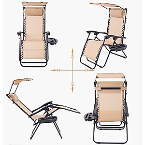 BTEXPERT CC5044BG-2 Zero Gravity Chair Lounge Outdoor Pool Patio Beach Yard Garden Sunshade Utility Tray Cup Holder Beige Two Case Pack (Set of 2 pcs), Piece, Tan with Canopy