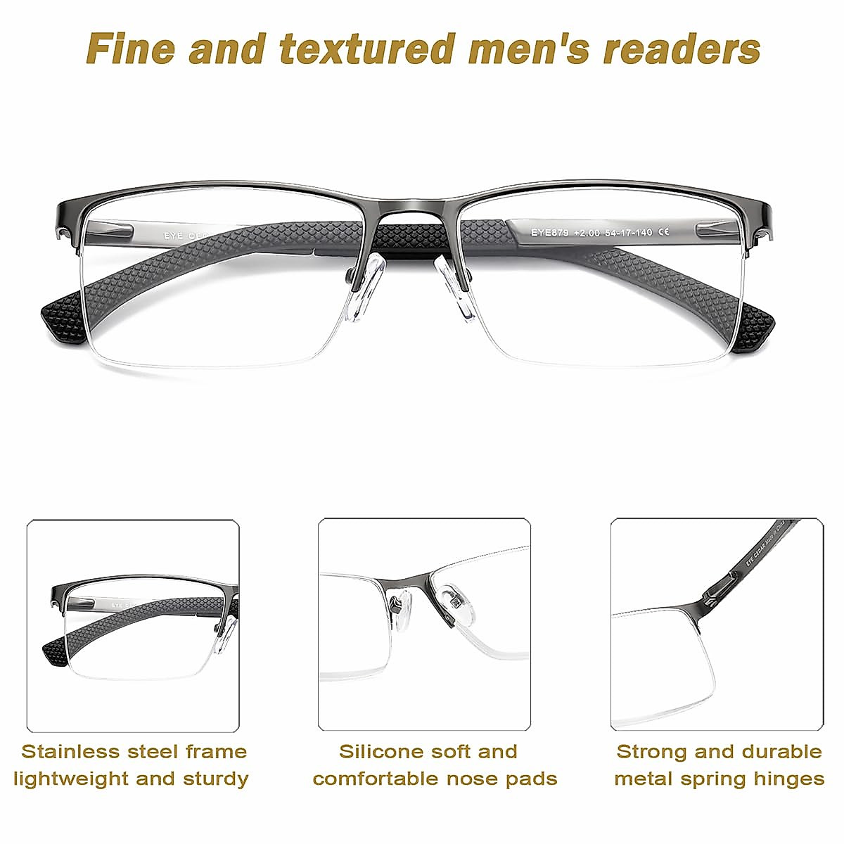 EYECEDAR 5-Pack Reading Glasses for Men Metal Half Frame Rectangular Style Spring Hinges Eyeglasses Mens Readers 2.50