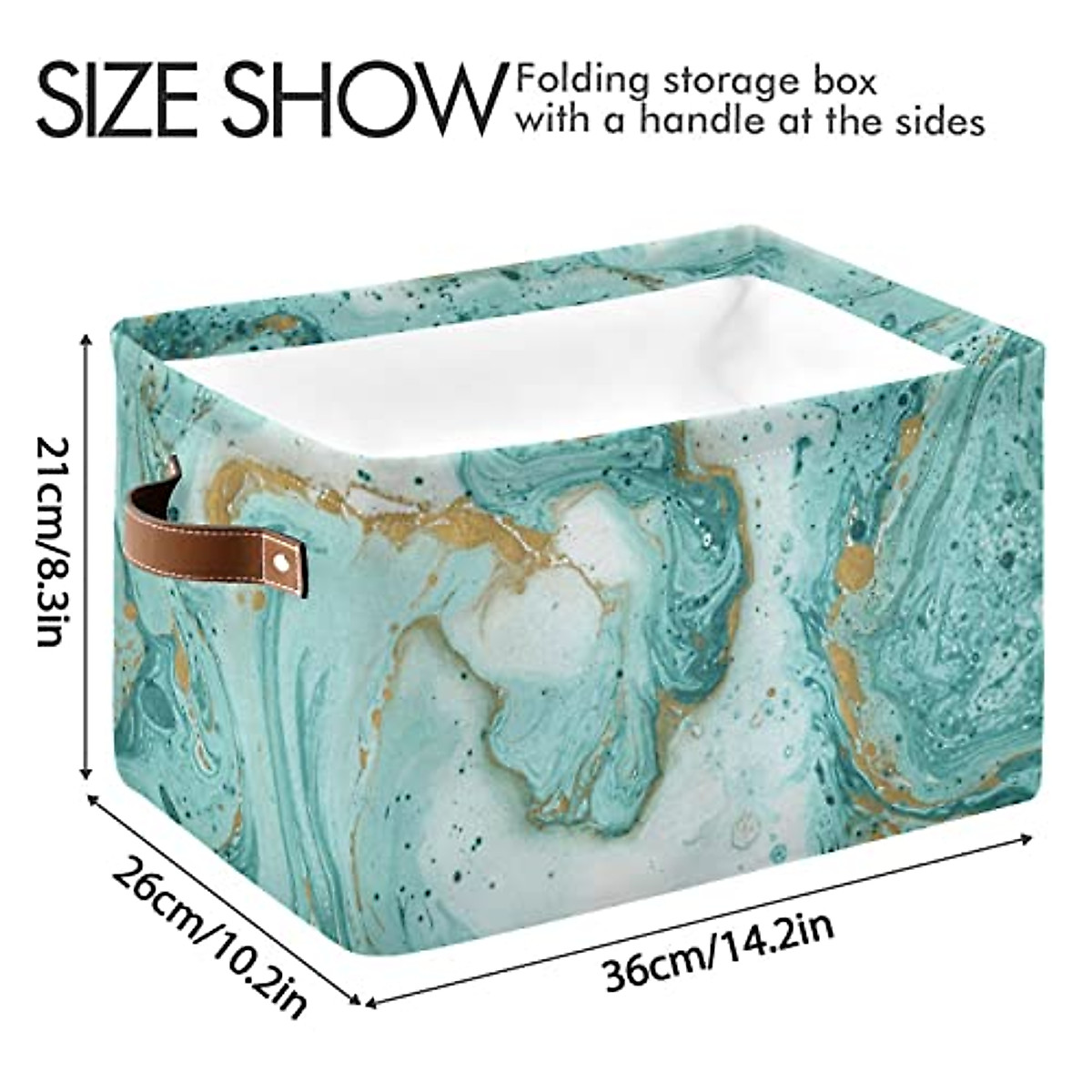 Kigai Turquoise Marble Texture Storage Baskets Rectangle Foldable Canvas Fabric Organizer Storage Boxes with Handles for Home Office Decorative Closet Shelves Clothes Storage