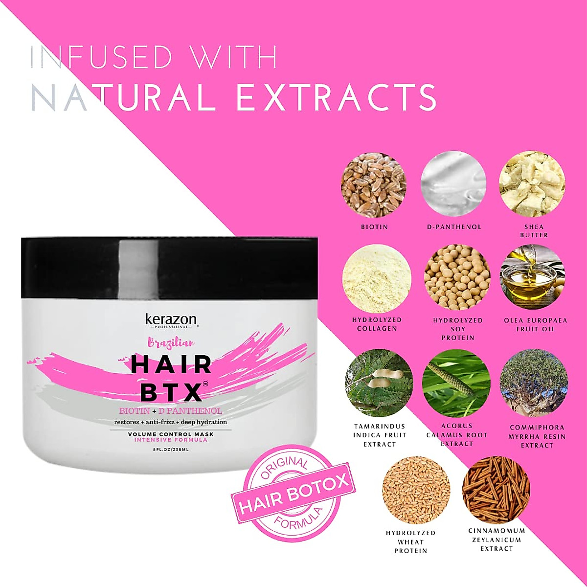 KERAZON Intensive Brazilian Hair Botox Treatment 8oz 236ml For All Hair Types, Thermal Activated Hair Mask Damaged Hair and Long Lasting Volume And Frizz Control. Packaging may vary.