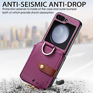 Asuwish Compatible with Samsung Galaxy Z Flip 5 5G 2023 Wallet Case and Card Slot Holder Ring Magnetic Clasp Cell Accessories Protective Zipper Phone Cover for ZFlip5 Z5 Flip5 5Z Flip5case Purple