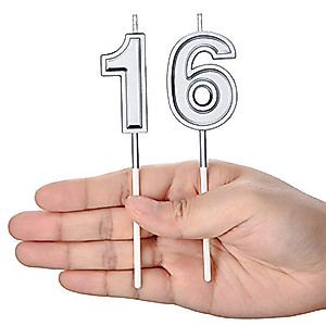 16th Birthday Candles Cake Numeral Candles Happy Birthday Cake Candles Topper Decoration for Birthday Wedding Anniversary Celebration Supplies (Silver)