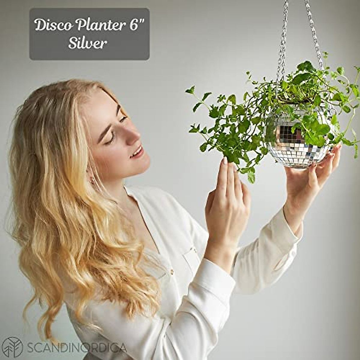 SCANDINORDICA Disco Ball Planter – Disco Ball Plant Hanger, Mirror Disco Planter with Chain and Macrame Hanger, Hanging Planters for Indoor Plants | 6 inch Silver