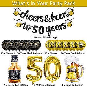 50 Year Anniversary Decorations - Cheers & Beers To 50 Years Banner Fifty Sign Latex Balloon 32 inch "50" Gold Balloon 35 inch Cheers Beers Cups Foil Balloons for 50th Birthday Wedding Party Supplies