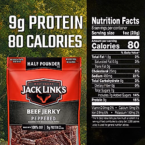 Jack Link's Beef Jerky, Peppered, 1/2 Pounder Bag - Flavorful Meat Snack, 9g of Protein and 80 Calories, Made with Premium Beef - 96% Fat Free, No Added MSG** or Nitrates/Nitrites